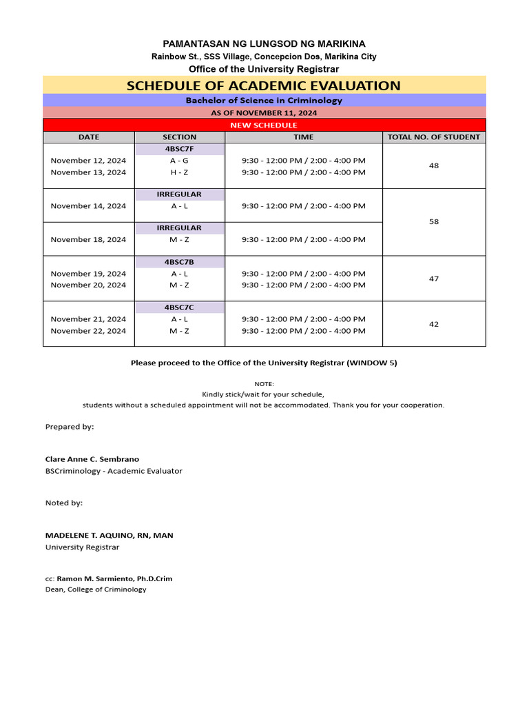 BSCrim Evaluation Schedule 2025 As of NOVEMBER 11 | PDF