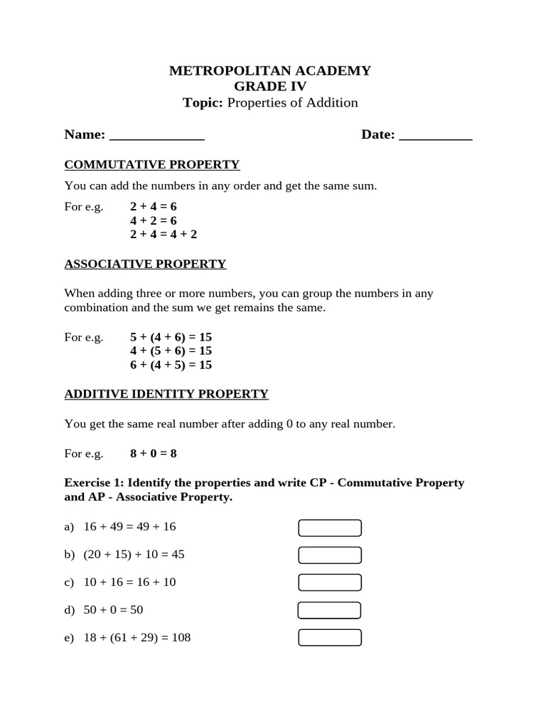 Properties of Addition for Grade 4 | PDF