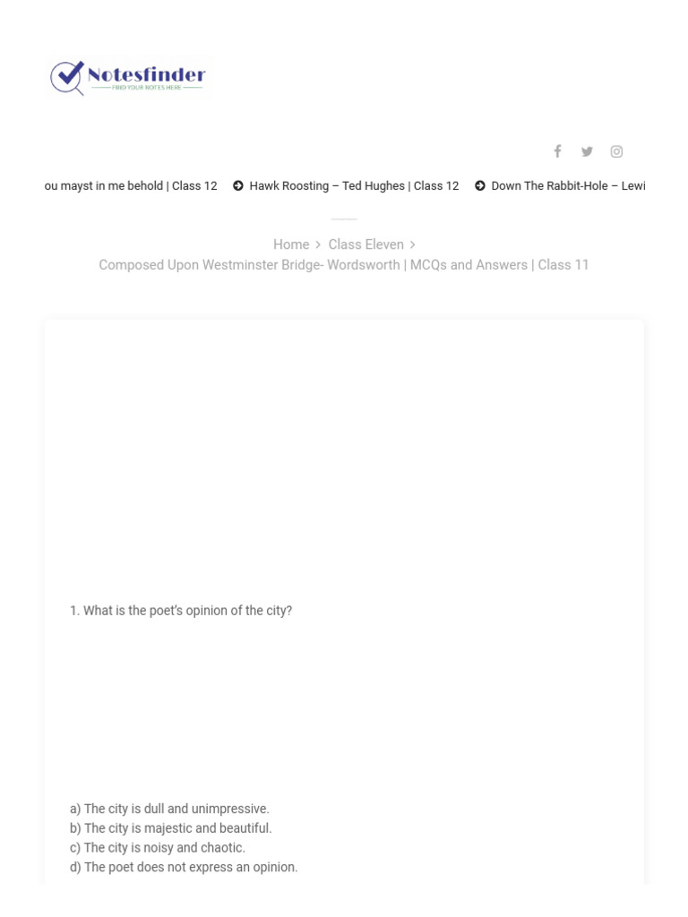 Composed Upon Westminster Bridge - Wordsworth - MCQs and Answers ...