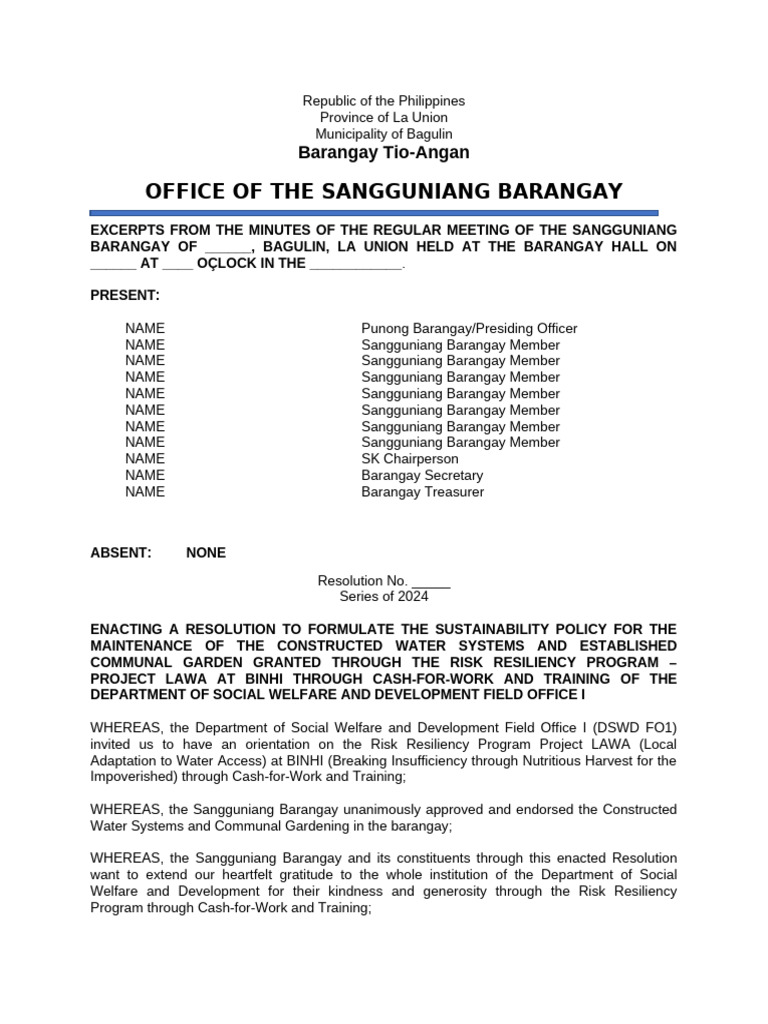 Barangay Resolution For Sustainability - Sample | PDF | Government
