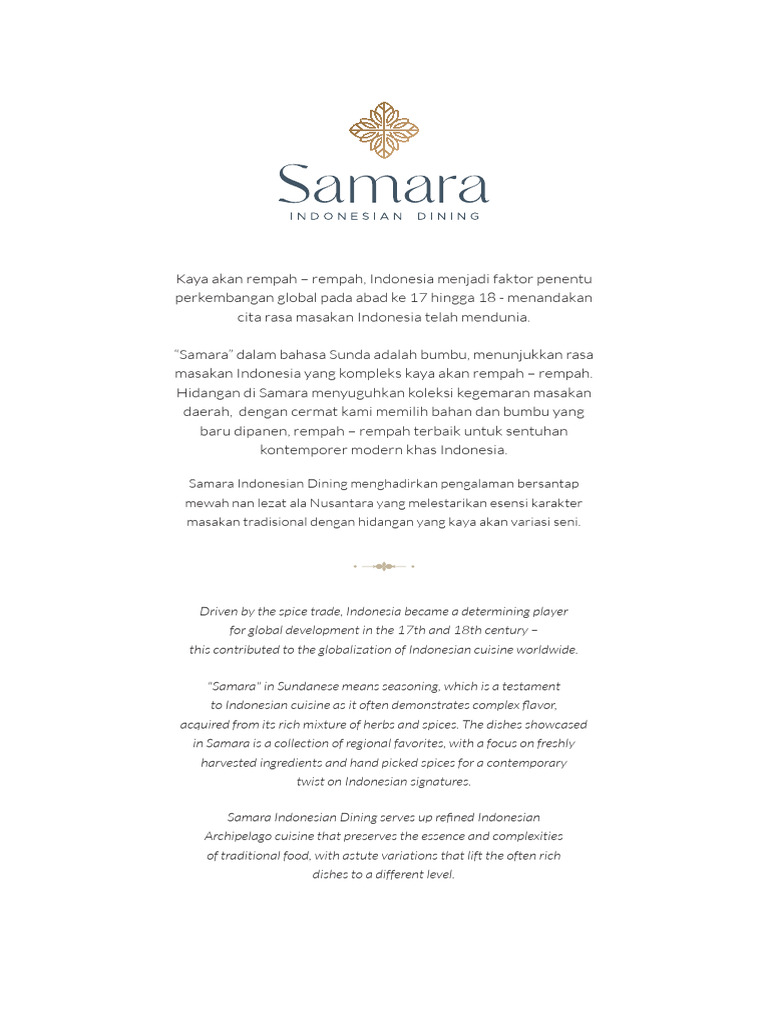 Samara Indonesian Dining Menu Overview | PDF | Indonesian Cuisine | Cuisine