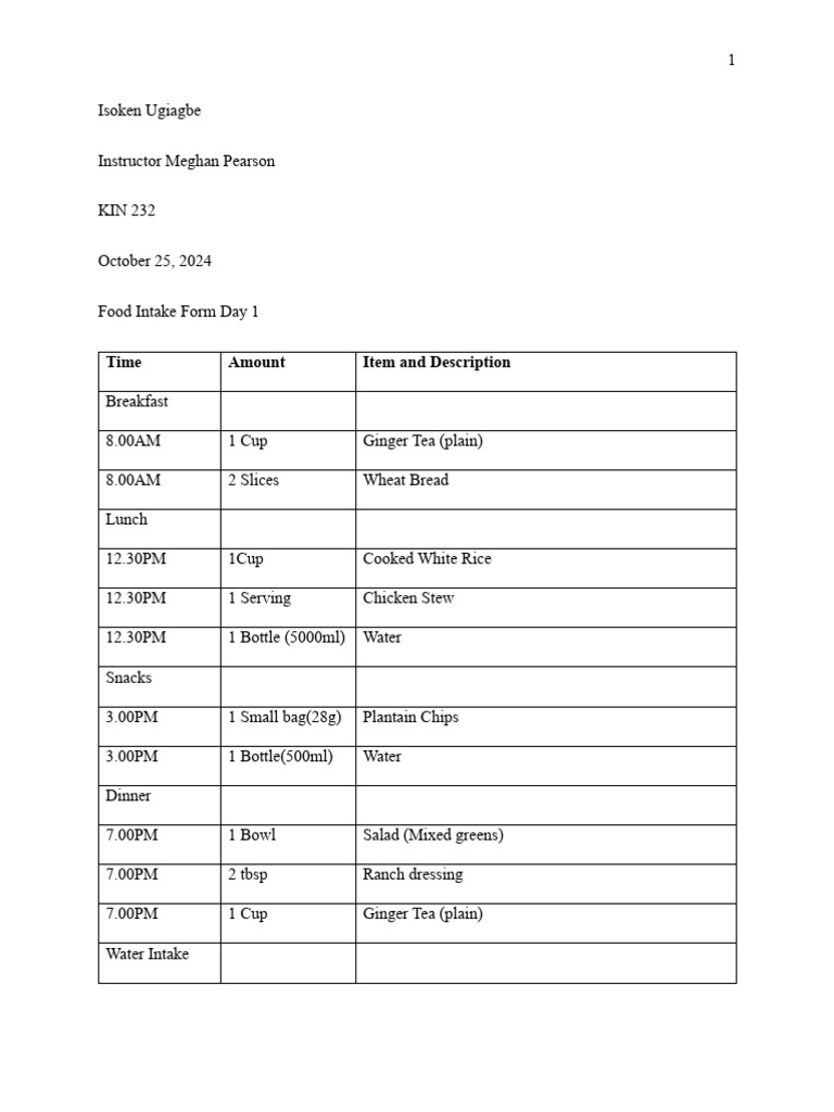 Kin 232 Food Intake Form Day 1 | PDF
