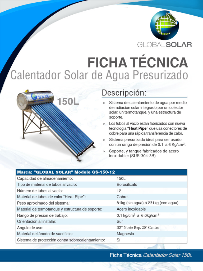 Ficha Tecnica Calentador Solar 150L | PDF | Tubo vacío | Ciencias fisicas