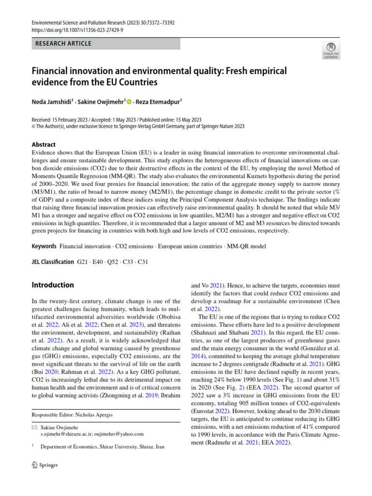 Financial Innovation and Environmental Quality: Fresh Empirical Evidence From The EU Countries ...