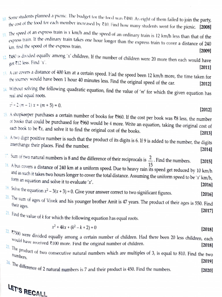 Quadratic Equation Board Paper Q With Solution | PDF | Equations ...