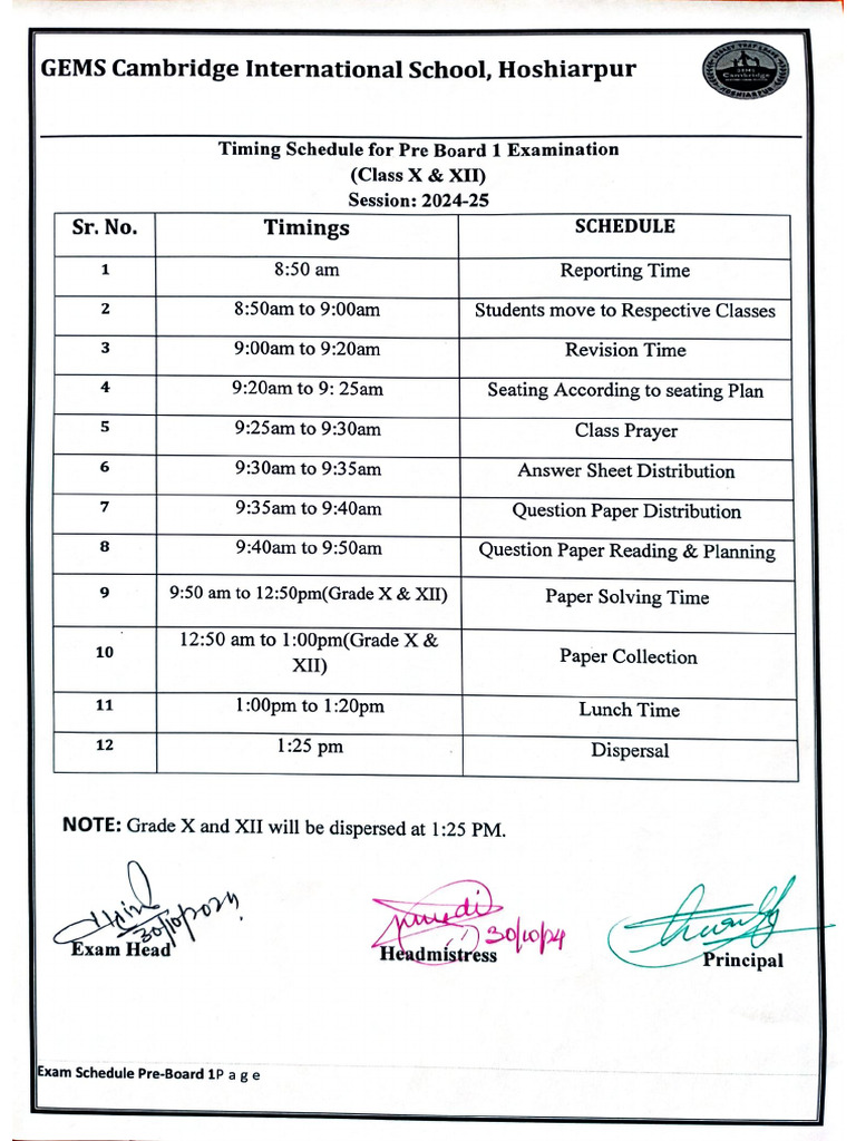 Timing Schedule For Pre Board 1 | PDF