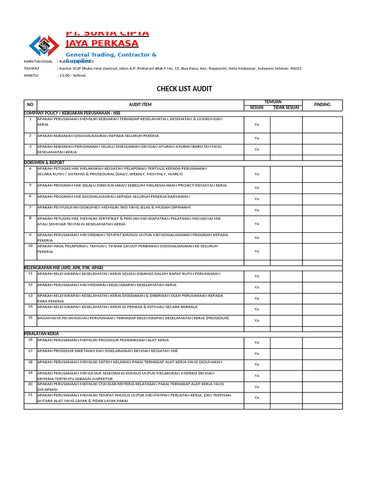 Check List Audit Internal Kosong | PDF