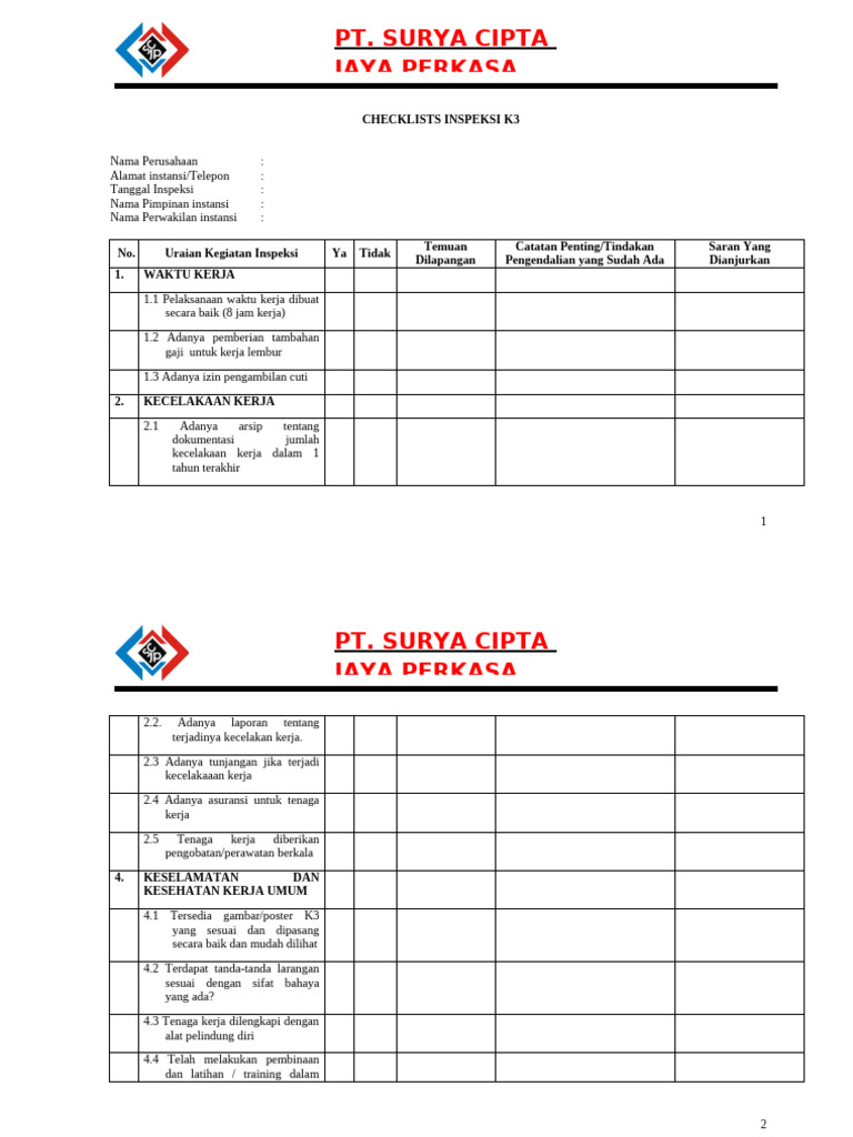 c.1 Form Checklists Inspeksi k3 | PDF
