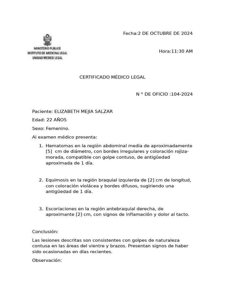 Certificado Médico Legal de Elizabeth Mejía | PDF