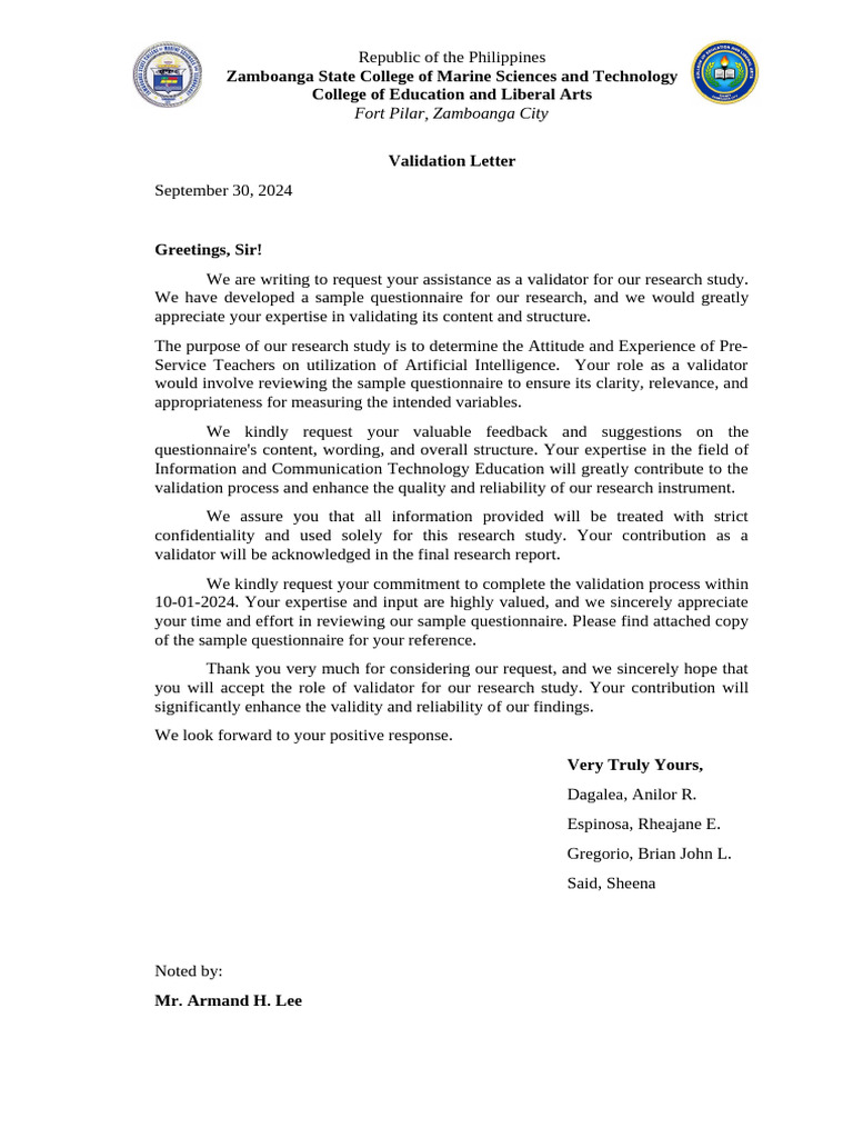 Validation Letter and Permission Letter | PDF | Validity (Statistics ...