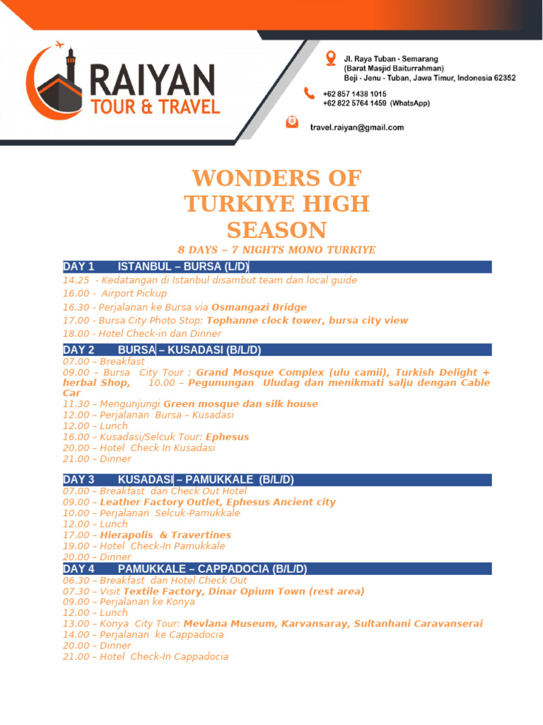 Paket Mono Turkey - 8 Days - 7 Nights Wonders of Turkiye - High Season ...
