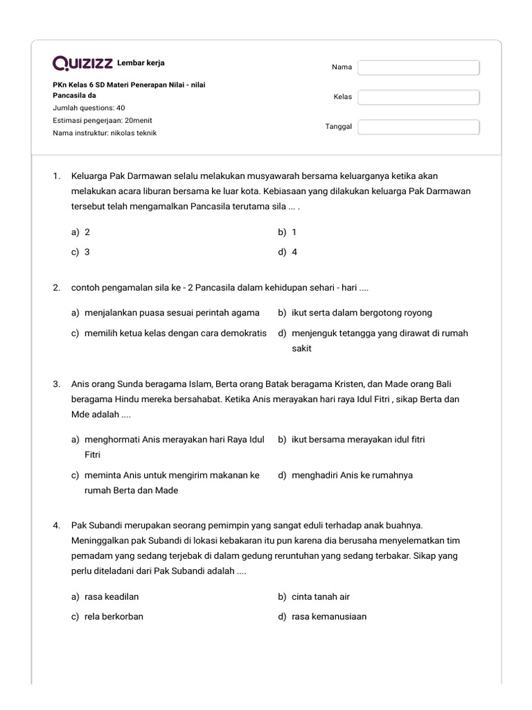 PKN Kelas 6 SD Materi Penerapan Nilai - Nilai Pancasila Da - Quizizz ...