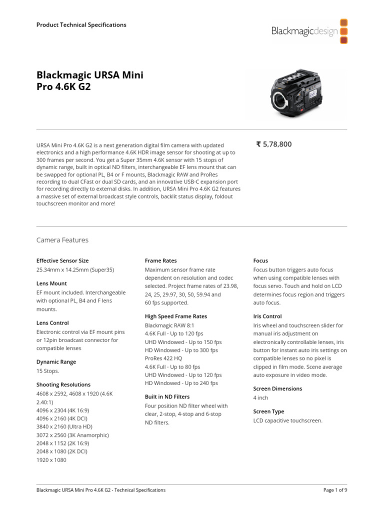 Blackmagic Ursa Mini Pro 46k g2 Techspecs | PDF | Video | Digital Technology