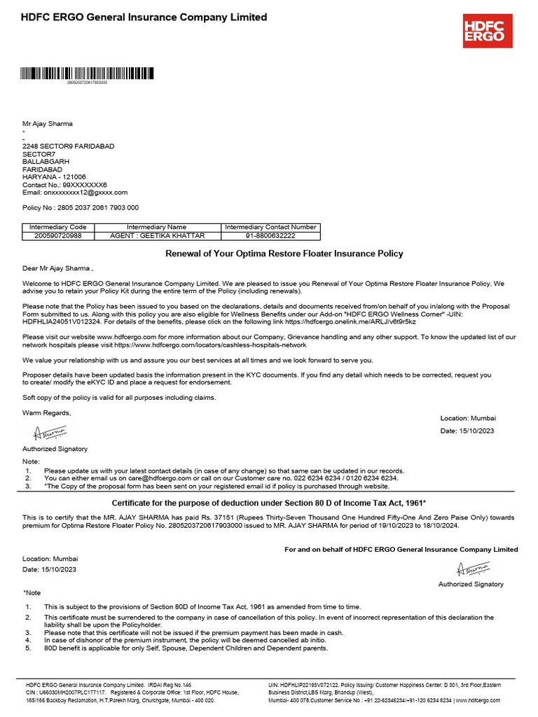 HDFC ERGO Optima Restore Policy Renewal | PDF | Insurance | Financial ...