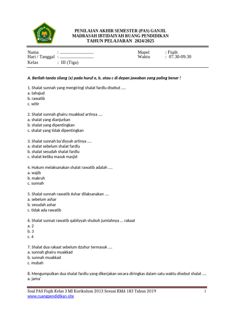 SOAL PAS FIQIH KELAS 3 MI Semester 1 WWW Ruangpendidikan Site | PDF