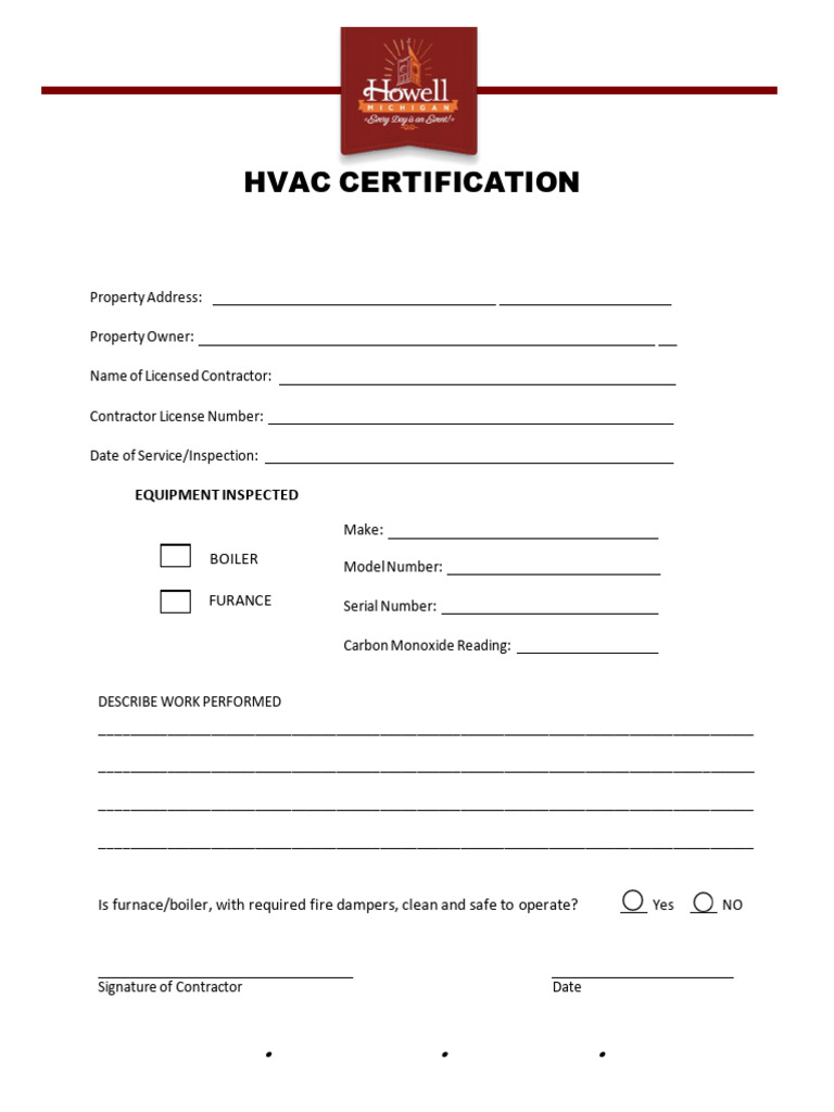 HVAC Certification Form (Fillable) | PDF | Technology & Engineering