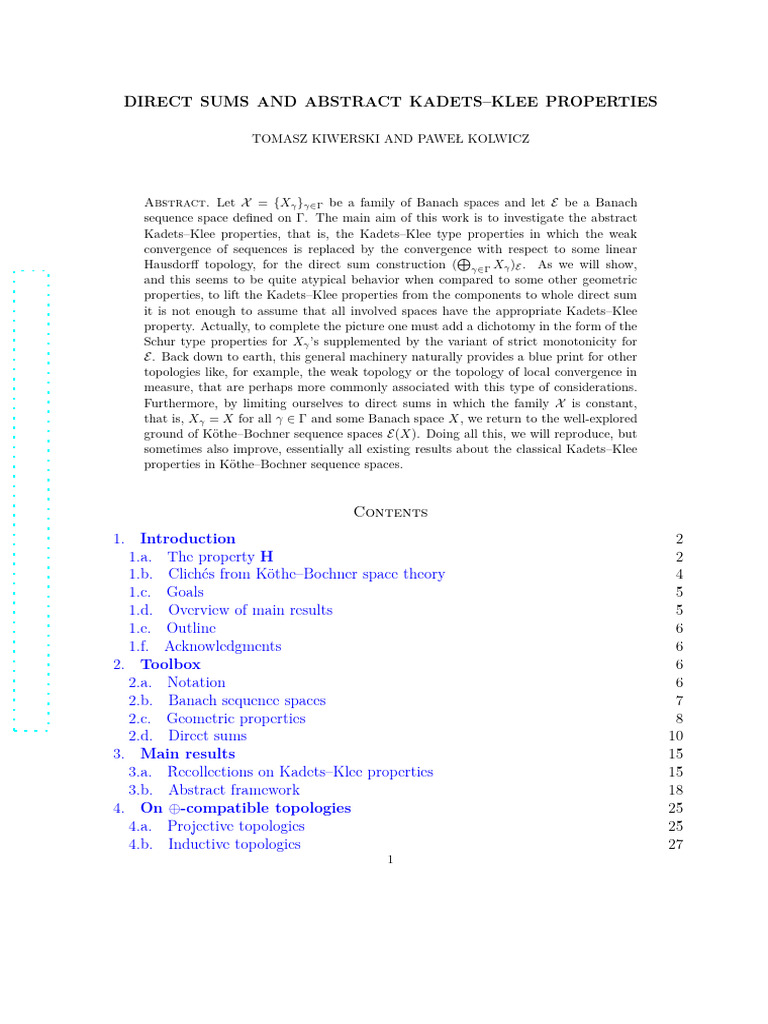 Direct Sums and Abstract Kadets-Klee Properties | PDF | Banach Space | Sequence