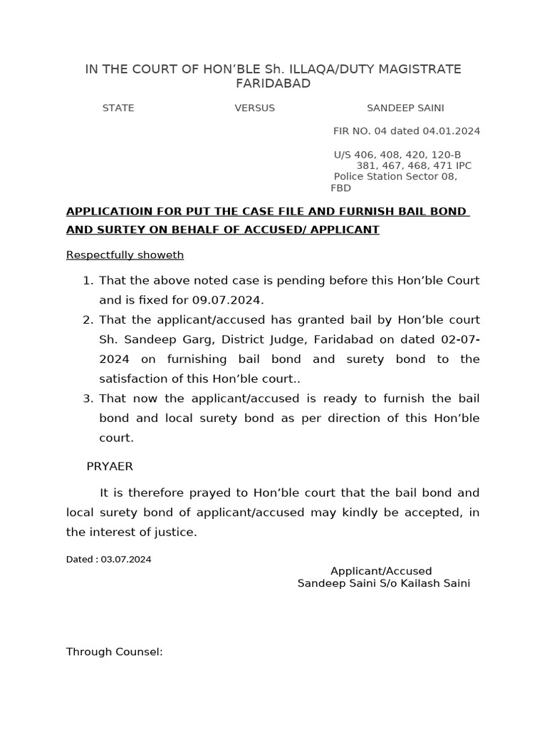 Bail Bond Application for Sandeep Saini | PDF