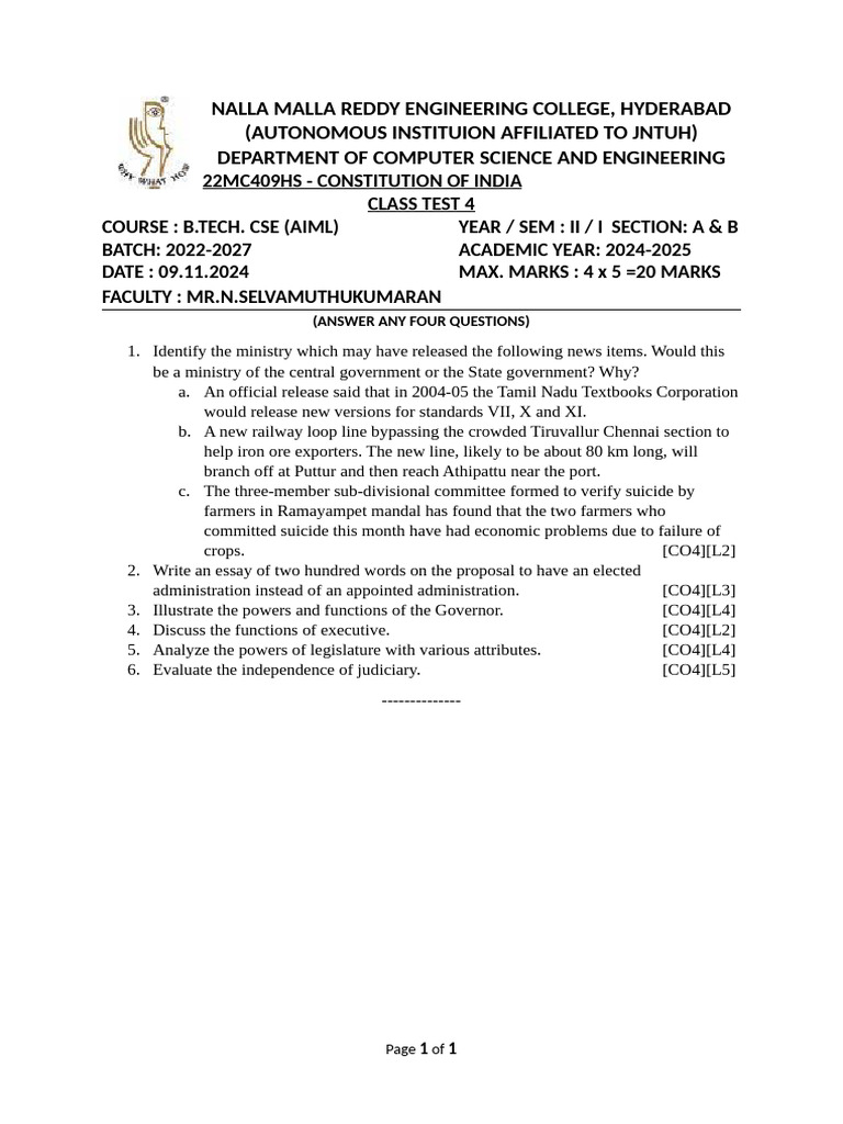 Class Test 4 Question Paper | PDF | Computers