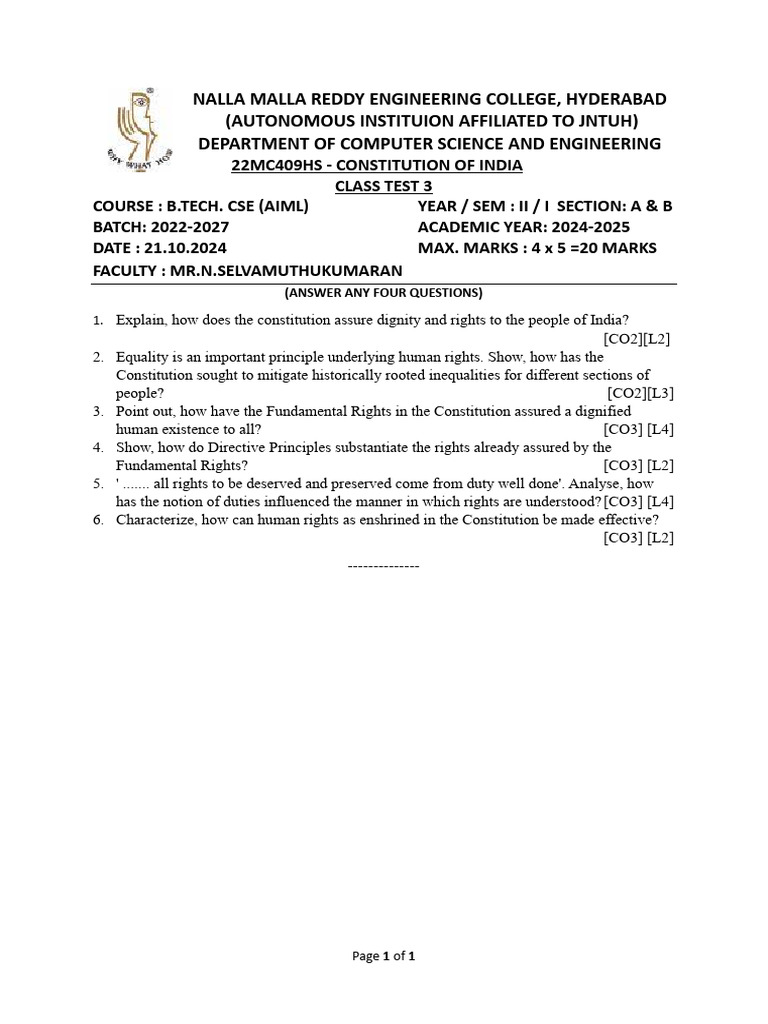 Constitution of India Class Test 3 Guide | PDF | Computers