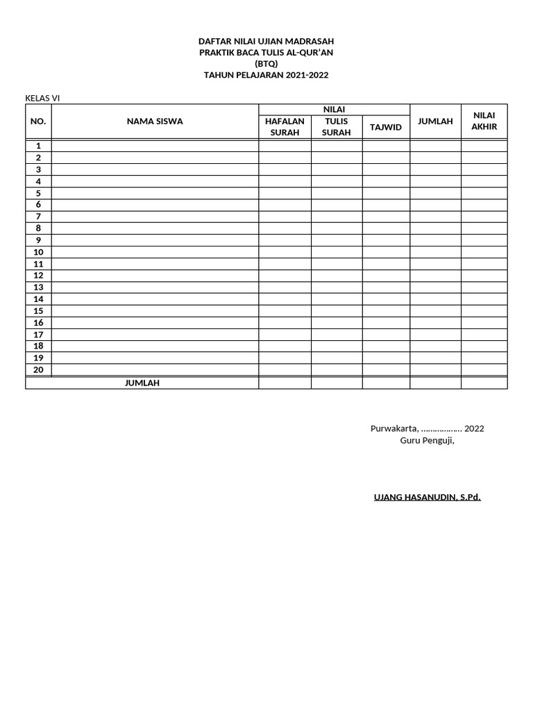 Format Nilai UM BTQ | PDF