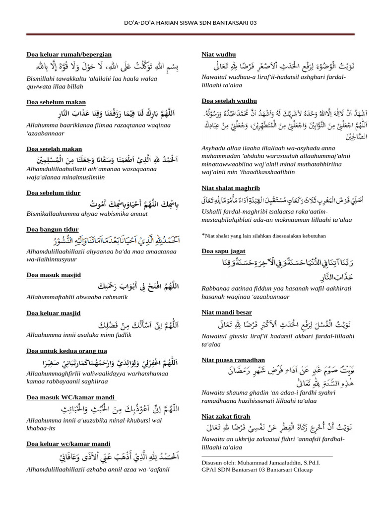 Doa-Doa Harian Dan Niat Ibadah Untuk Siswa | PDF