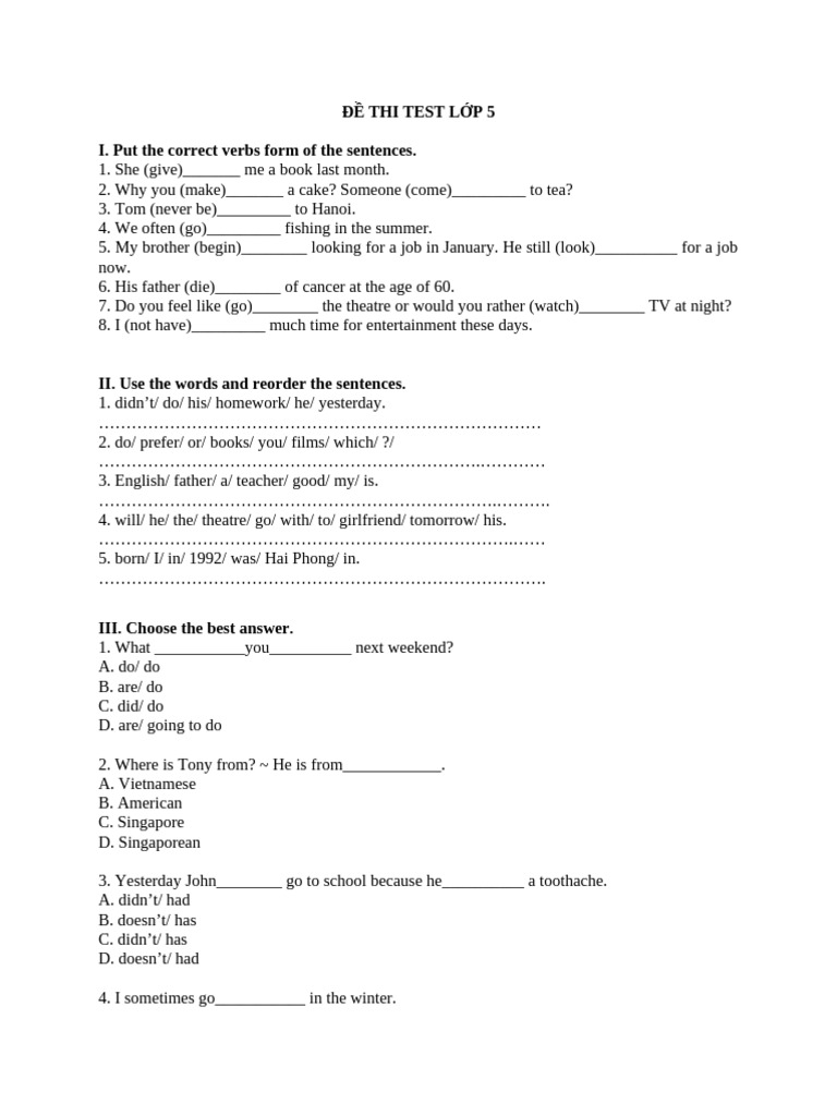 ĐỀ THI TEST LỚP 5 | PDF | Linguistics | Syntax