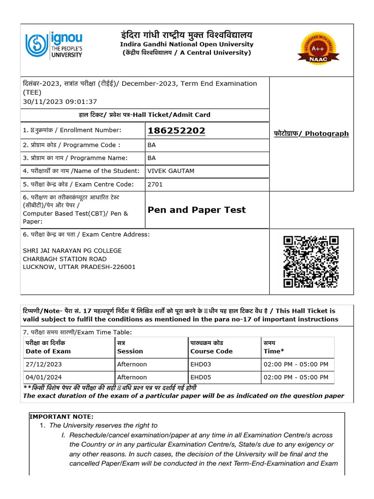 IGNOU December-2023: HALL TICKET/ADMIT CARD | PDF