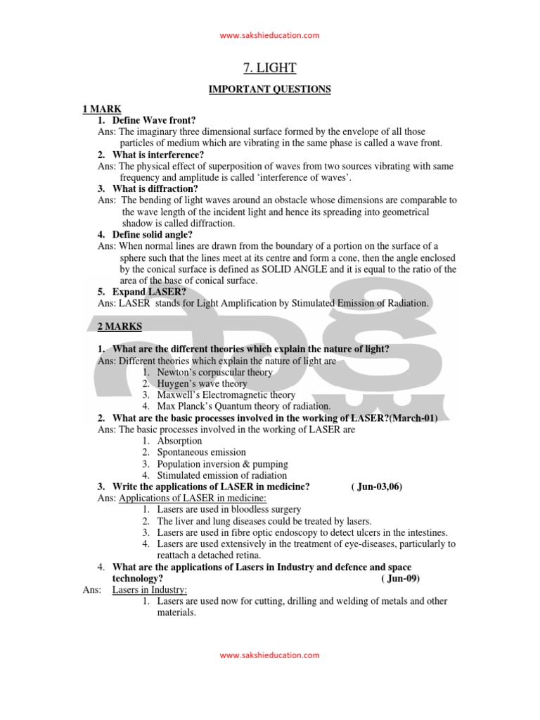 Light: Important Questions 1 Mark 1 | PDF