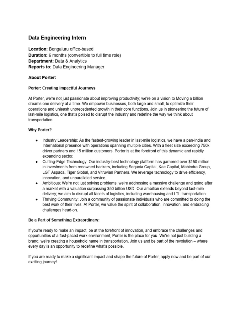 Data Engineering Intern JD | PDF | Databases | Data Management