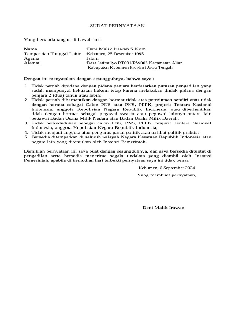 Surat Pernyataan Deni Malik | PDF