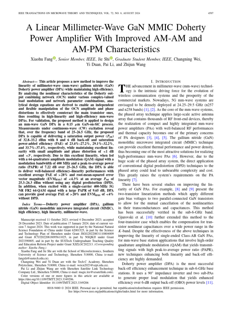 A Linear Millimeter-Wave GaN MMIC Doherty Power Amplifier With Improved AM-AM and AM-PM ...