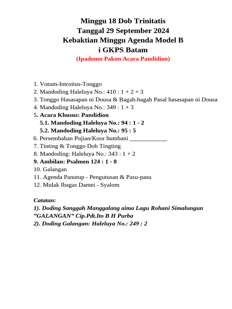 Agenda Kebaktian Minggu GKPS Batam | PDF