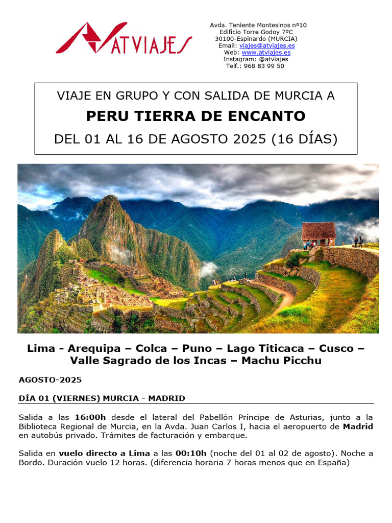 Programa PERU Y MACHU PICHU DEL 01 AL 16 DE AGOSTO | PDF | Imperio Inca
