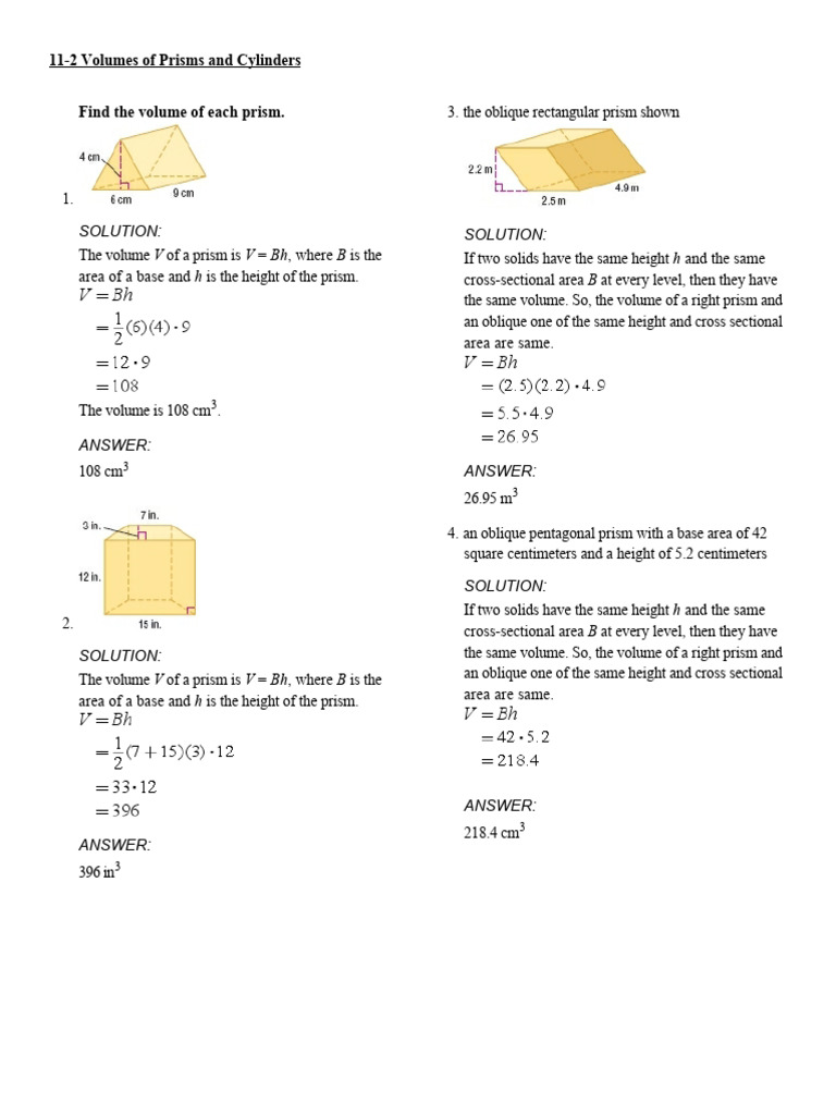 11 2 Volumes of Prisms and Cylinders | PDF | Area | Volume