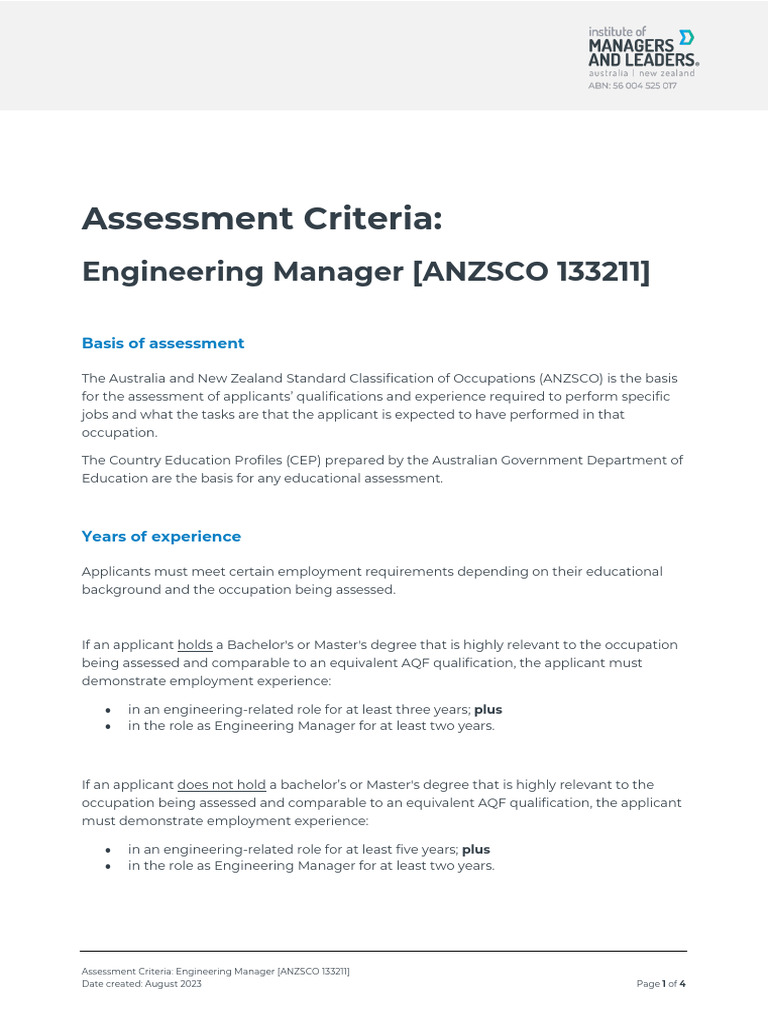 Assessment Criteria Engineering Manager 133211 | PDF | Engineering | Business