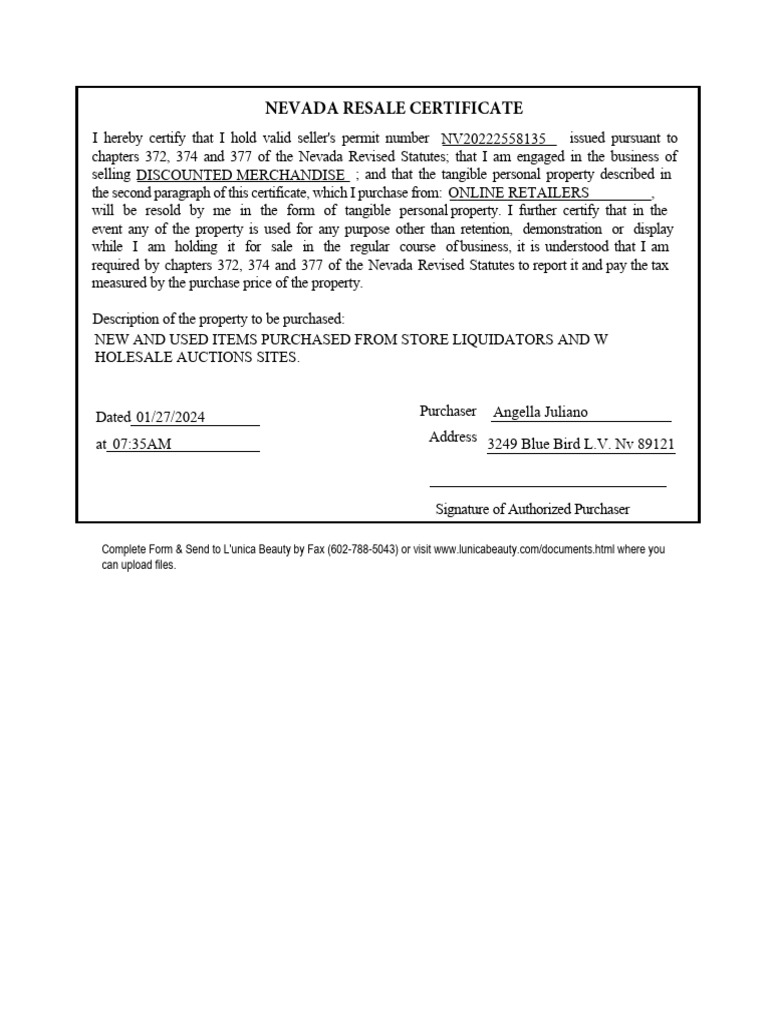 NV Resale Certificate | PDF