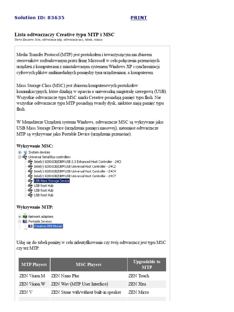 Lista Odtwarzaczy Creative Typu MTP I MSC | PDF