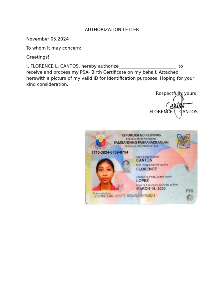 Authorization Letter For Psa | PDF