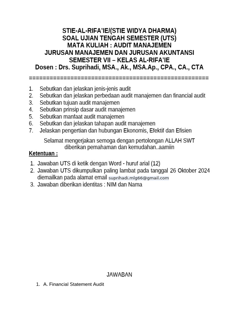 Soal Uts Manajemen Audit - Alrifai 2024 | PDF
