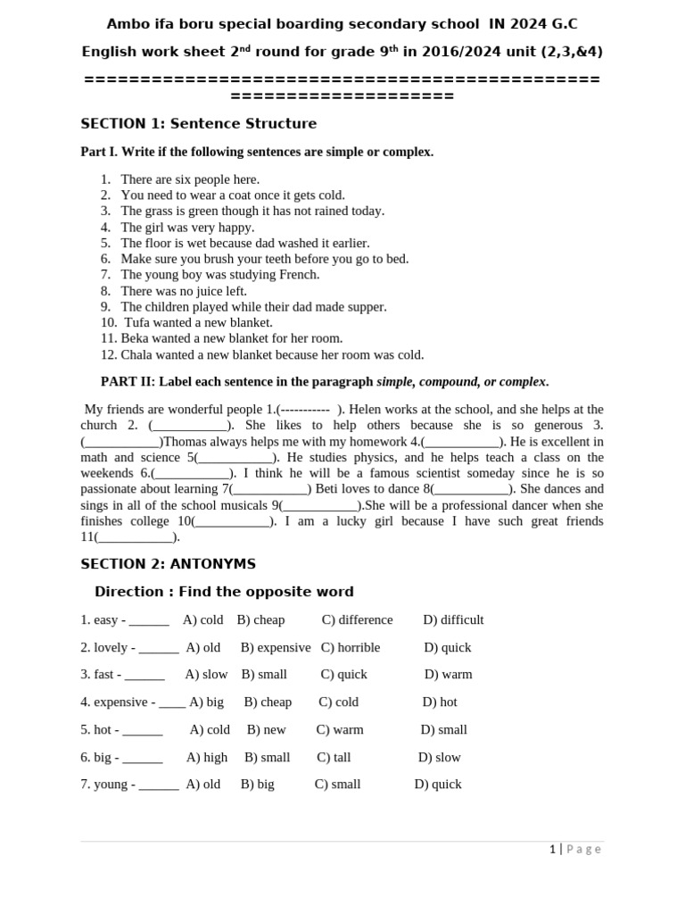 Grade 9 English Worksheet 2024 | PDF | Language Arts & Discipline