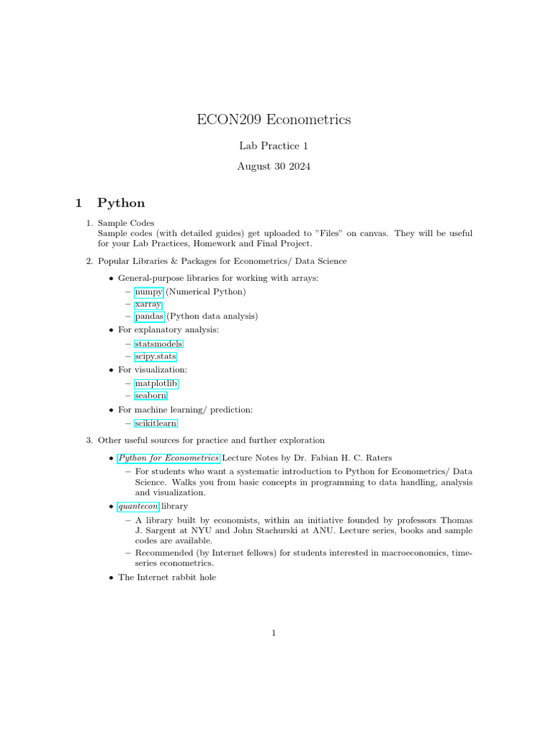 ECON209_F2024__Lab_1 | PDF | Econometrics | Python (Programming Language)