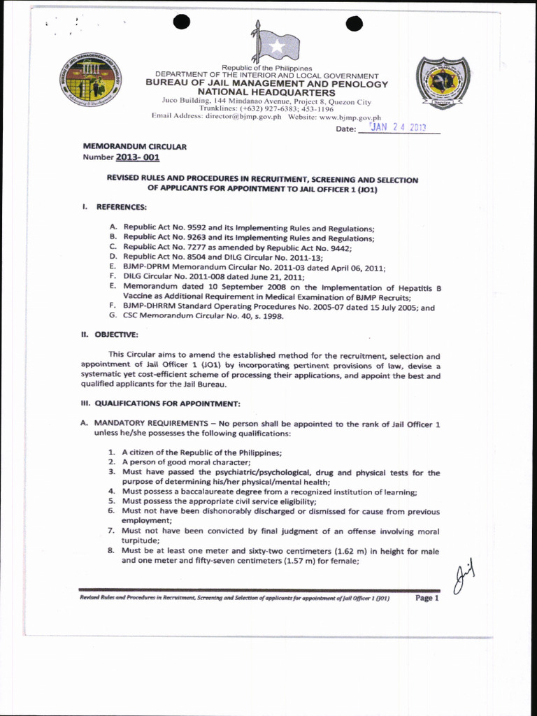 BJMP NHQ MC No 2013 001 or The Revised Rules and Procedures in ...