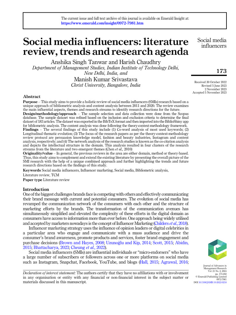 Social Media Influencers Literature Review, Trends and Research Agenda ...