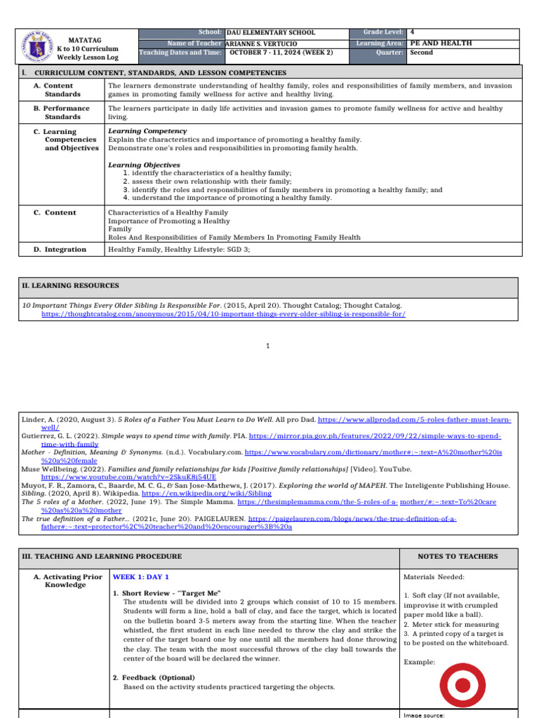 K-10 PE Weekly Lesson Plan: Healthy Families | PDF | Family | Sibling