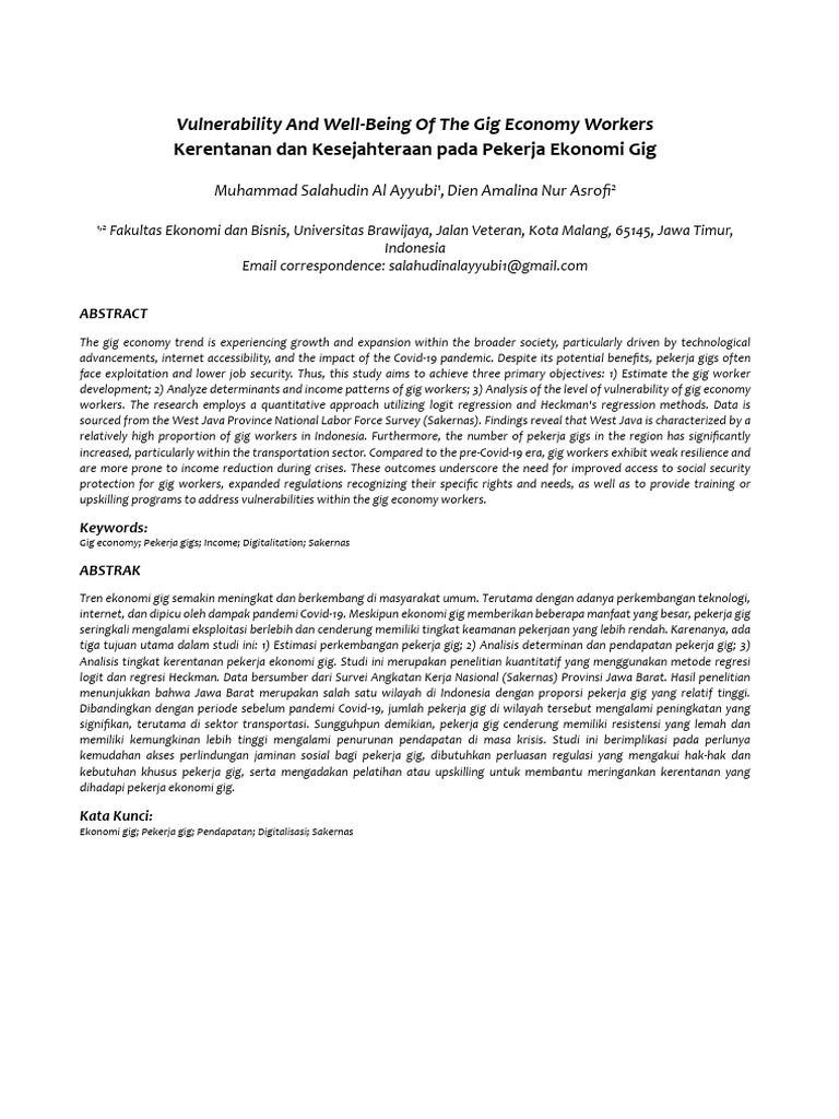 Kerentanan Dan Kesejahteraan Pada Pekerja Ekonomi Gig: Vulnerability and Well-Being of The Gig ...