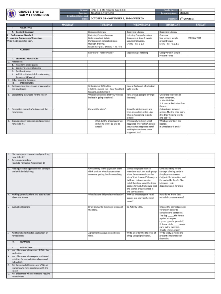 DLL - English 3 - Q2 - W5 | PDF | Linguistics | Cognitive Science