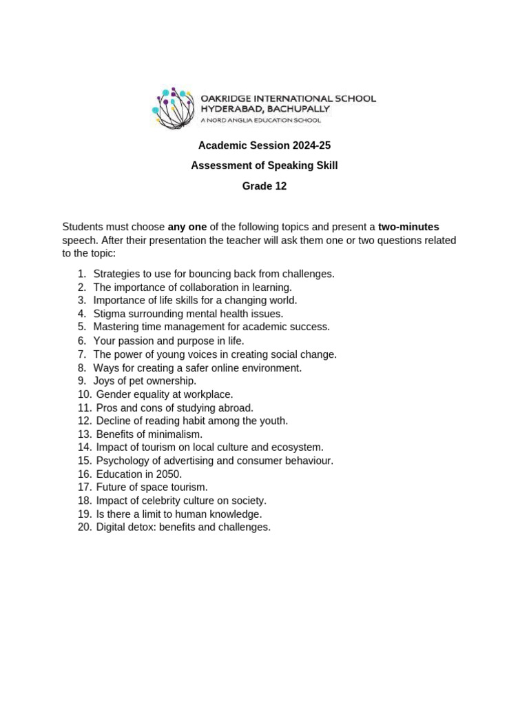 Speaking Skill Topics Grade 12 Term Ii (2024-25) | PDF | Career & Growth