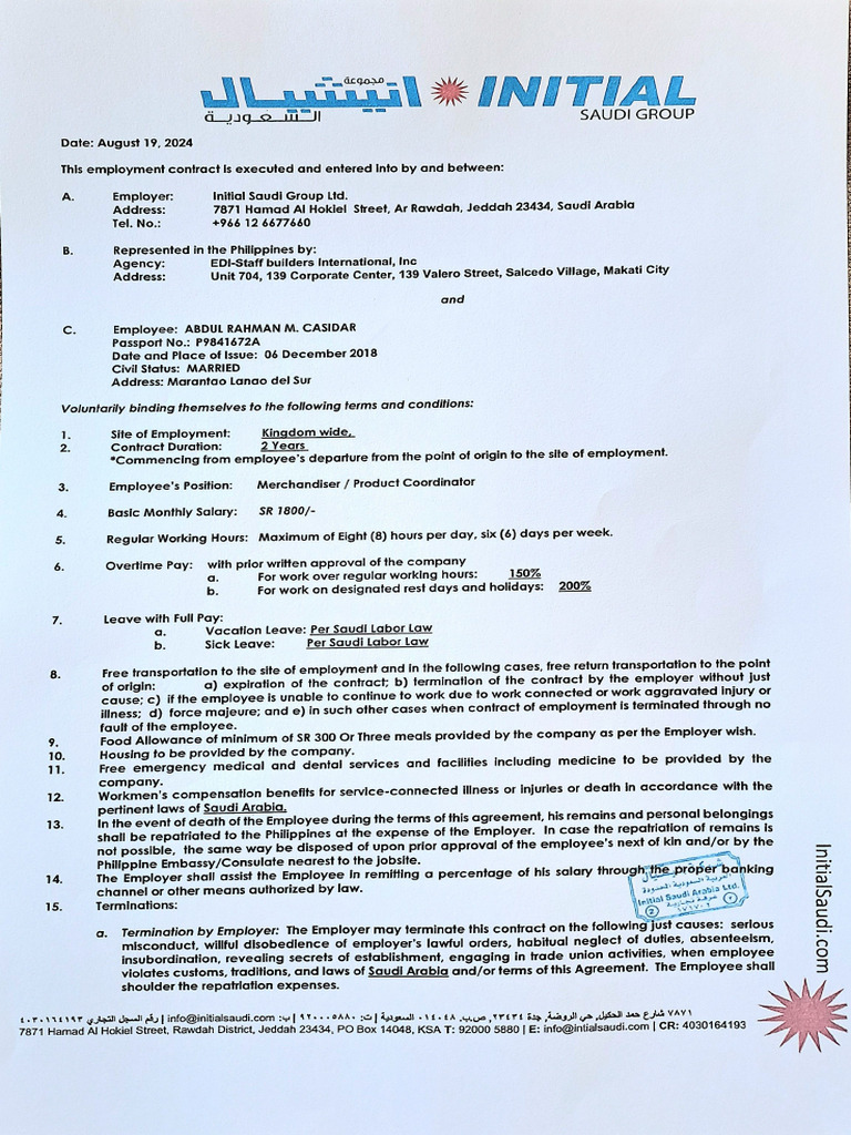 Job Offer Contract-Abdul Rahman Casidar | PDF