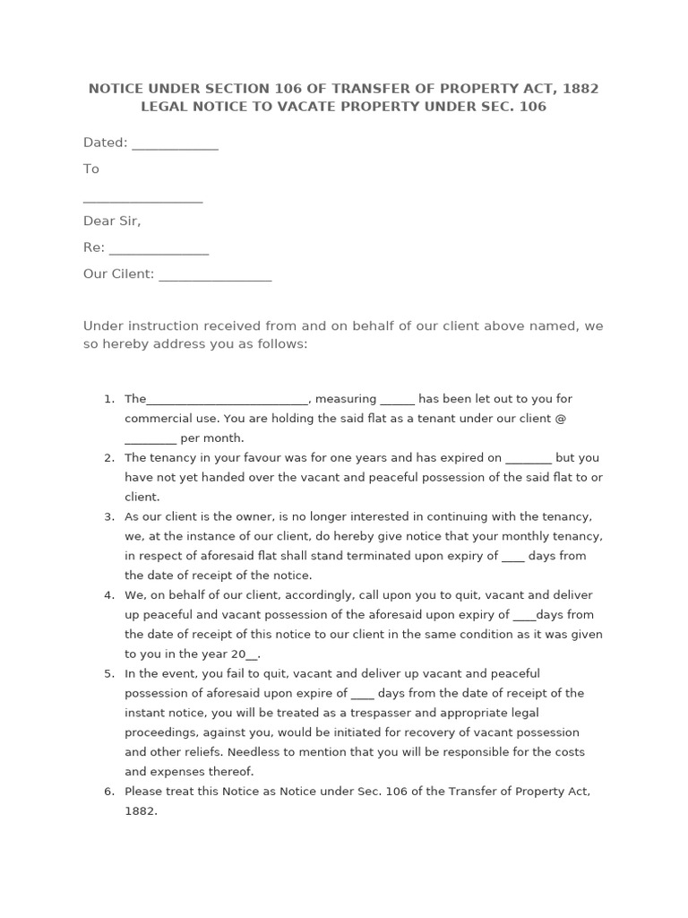 Legal Notice to Vacate Under Sec. 106 | PDF | Finance & Money ...
